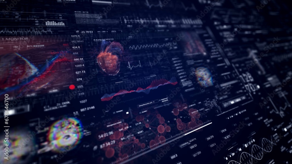 Medical monitor.HUD.DNA.Heads up display.Heart rate monitor. Analyzing ...