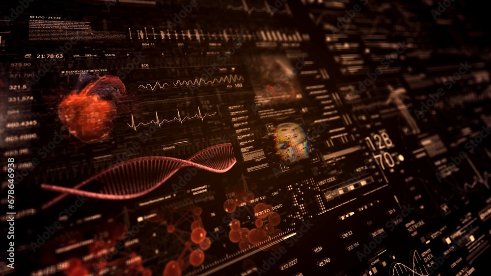 Medical monitor.HUD.DNA.Heads up display.Heart rate monitor. Analyzing ...