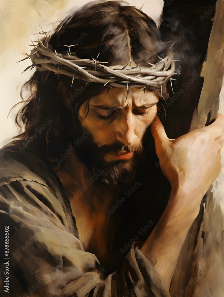 Jesus Christ carrying cross of suffering, symbolizing death, sacrifice ...