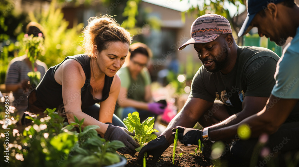 Diverse Community Engaged in Volunteering at a Vibrant Urban Garden ...