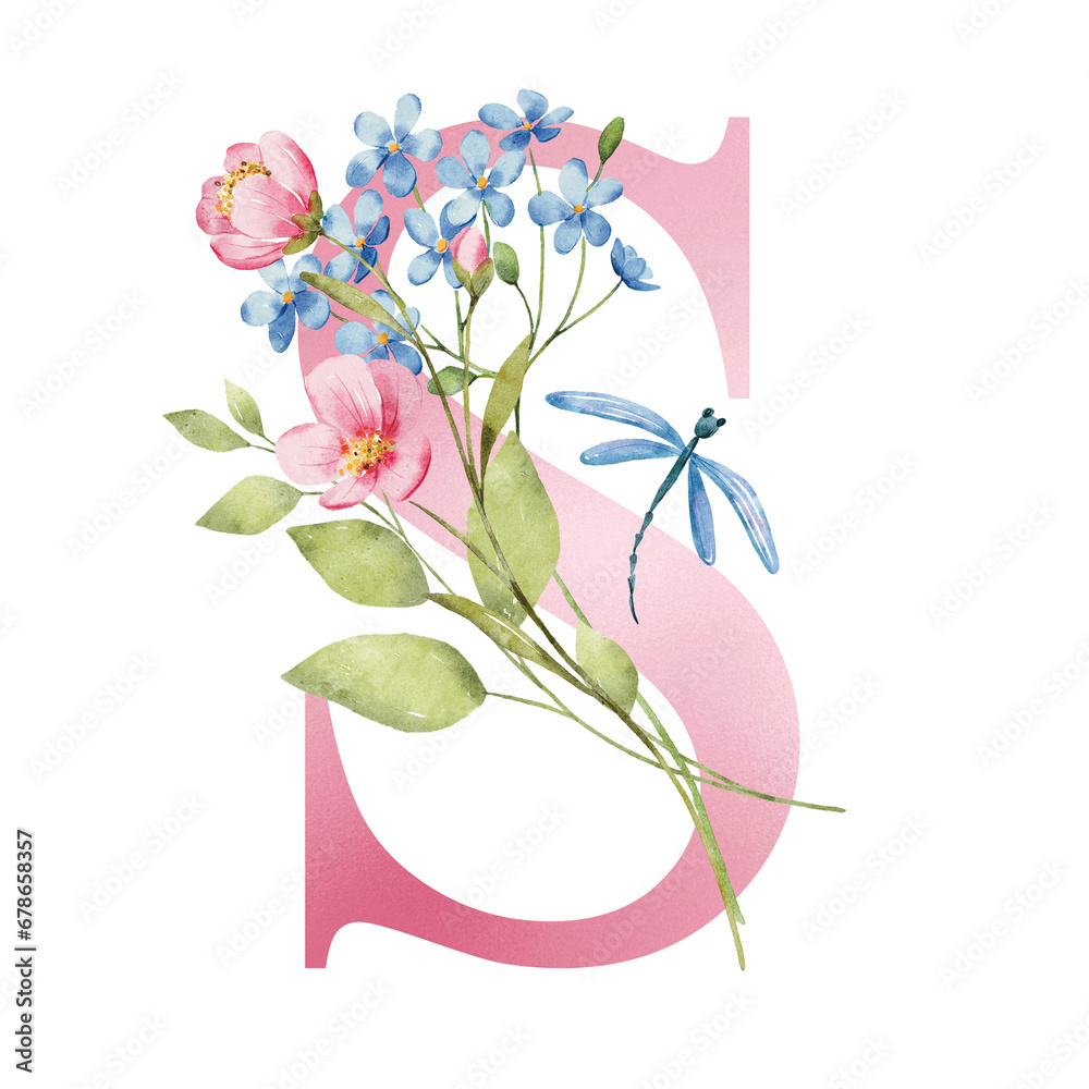 Pink letter S with watercolor flowers and leaves. Floral alphabet ...