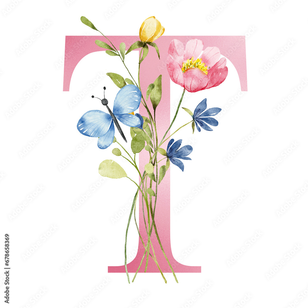 Pink letter T with watercolor flowers and leaves. Floral alphabet ...