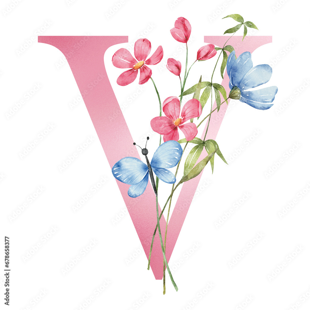 Pink letter V with watercolor flowers and leaves. Floral alphabet ...