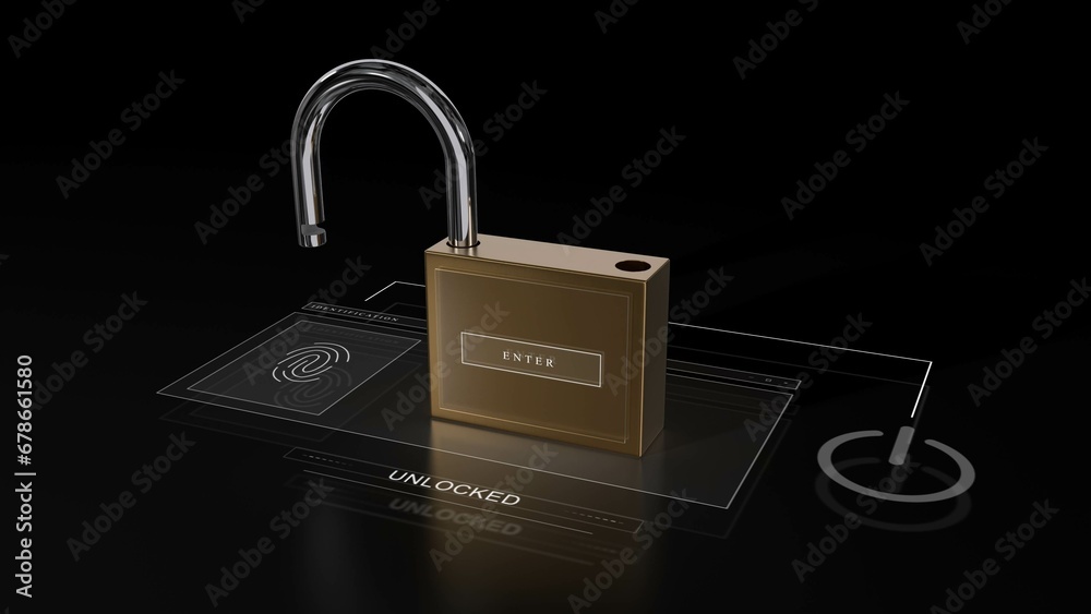 Lock 3D .Fingerprint scanner and pass code.Old Lock new technology. Technological UI HUD ...