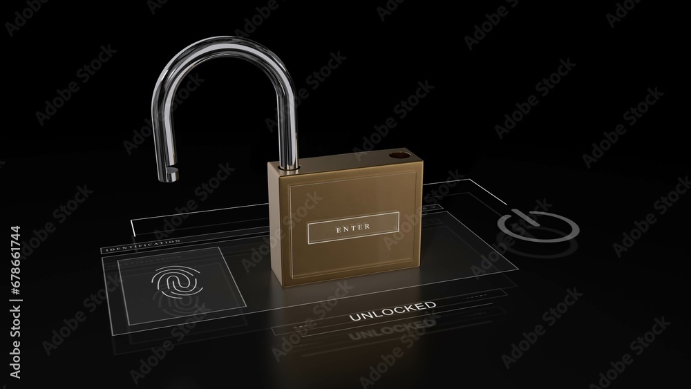Lock 3D .Fingerprint scanner and pass code.Old Lock new technology. Technological UI HUD ...