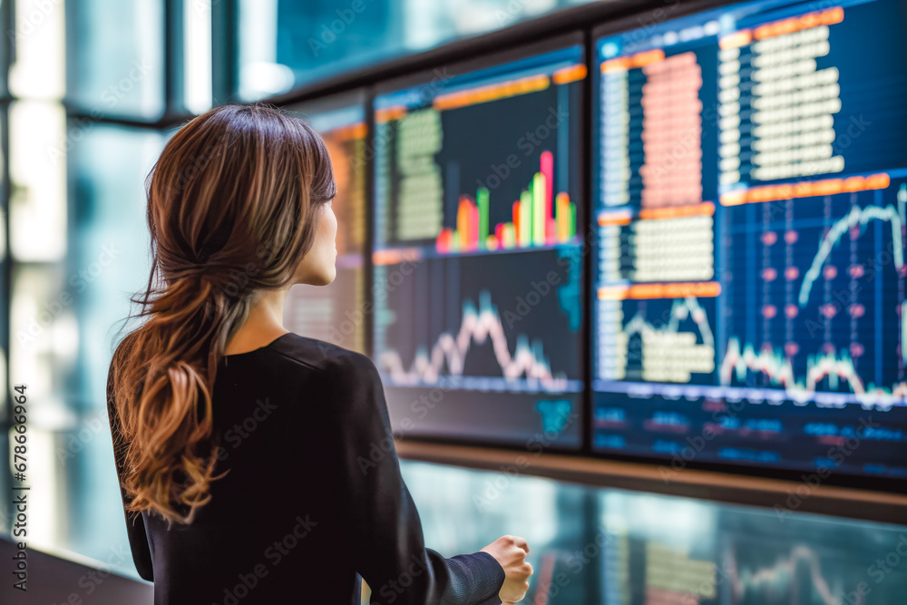 Beautiful female financial analyst examining stock display in her ...