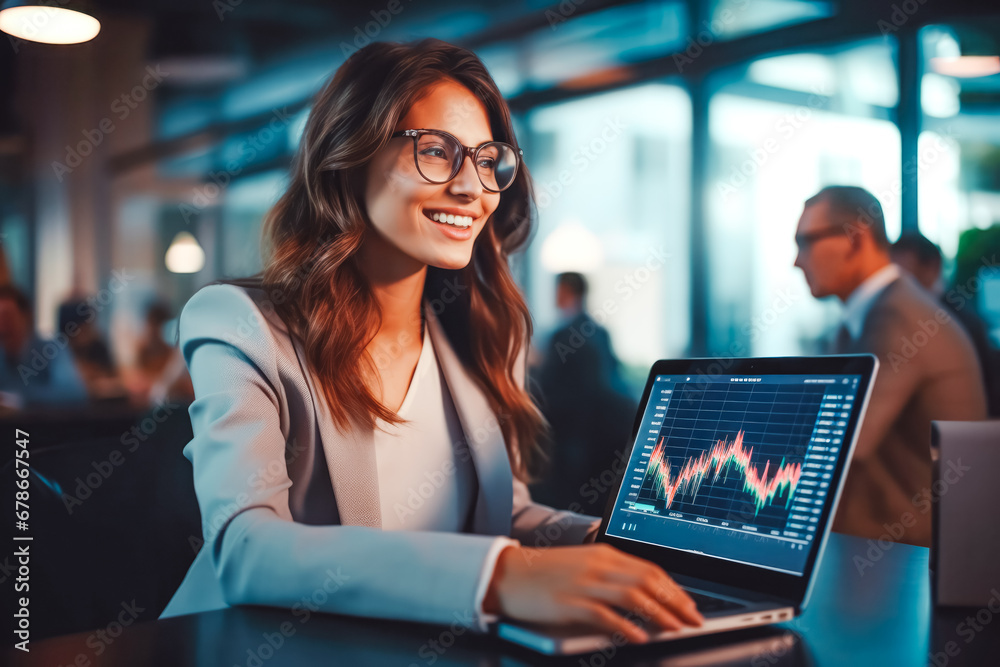Beautiful young financial analyst focusing on examining stock display ...