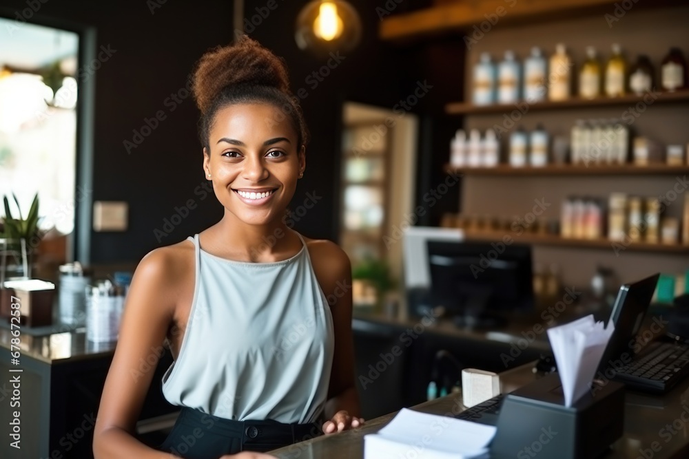 Joyful saleswoman African American standing behind counter smiling ...