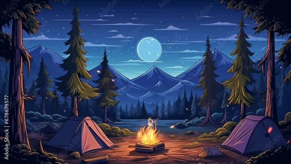 Camping in the mountains at night with bonfire and tent,Seamless ...
