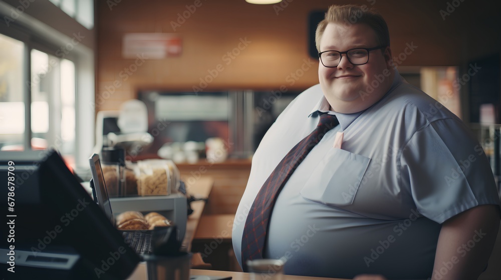 An overweight office worker sits at a cluttered desk, surrounded by ...