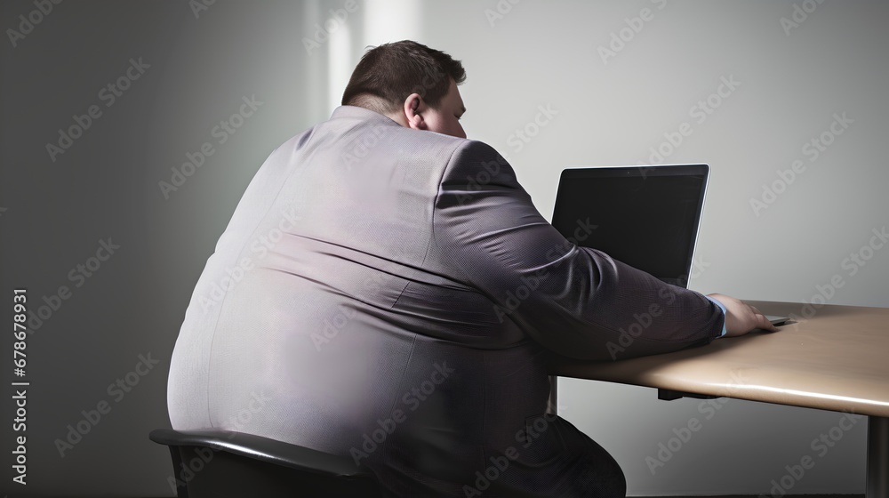 An overweight office worker sits at a cluttered desk, surrounded by ...