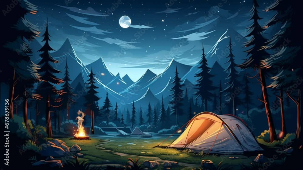 Camping in the mountains at night with bonfire and tent,Seamless ...