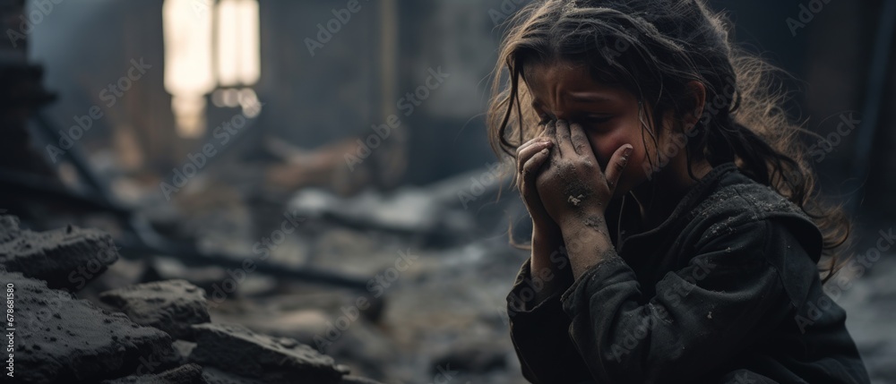 Portrait little girls crying in the ruins of buildings caused by war ...