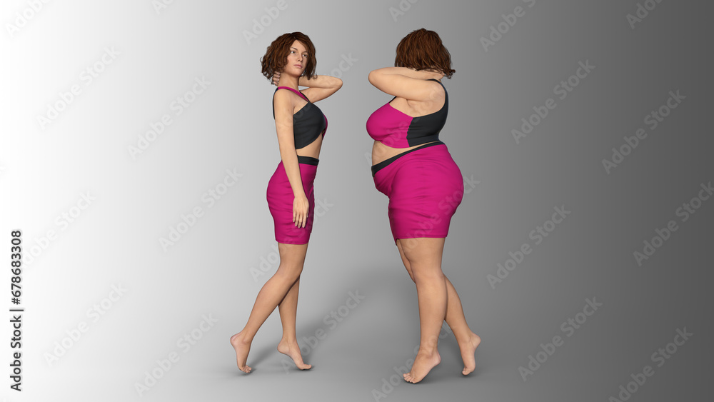 Conceptual fat overweight obese female vs slim fit healthy body after ...