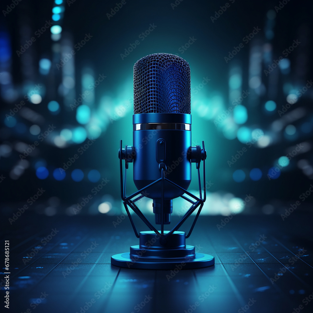 podcast dark blue background with mic and sound waves, realistic ...