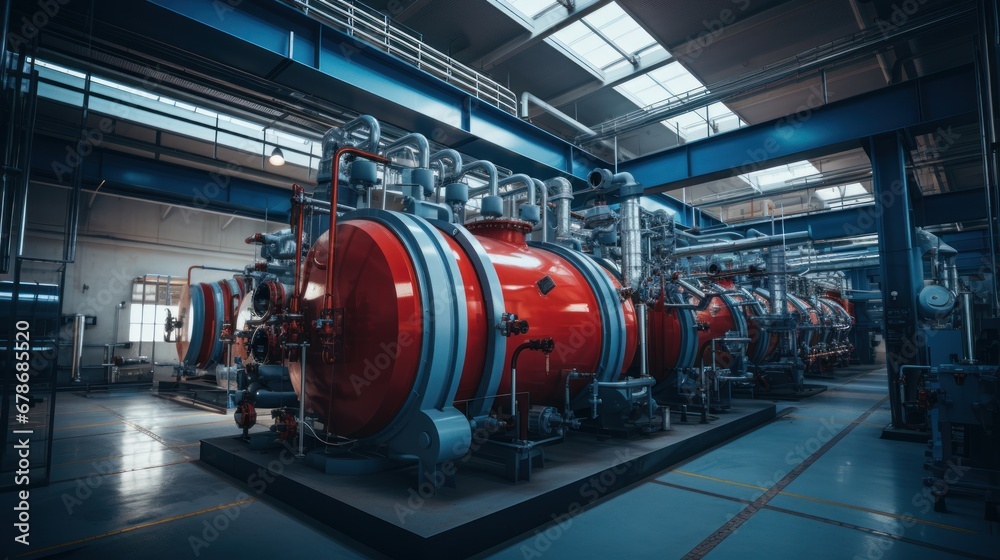 Inside the modern industrial boiler room, large metal tanks and pipes ...