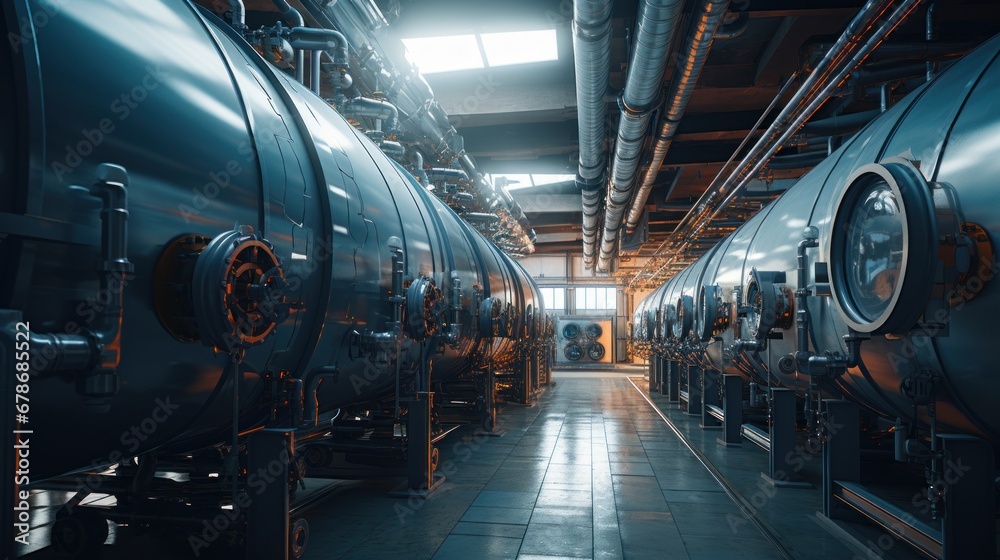 Inside the modern industrial boiler room, large metal tanks and pipes ...