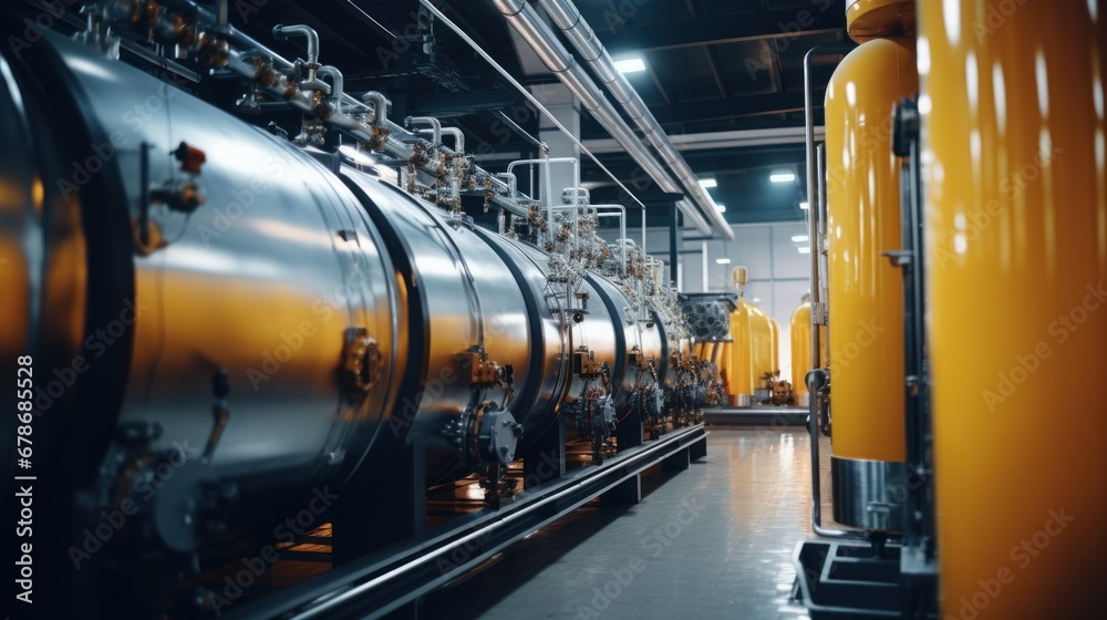 Inside the modern industrial boiler room, large metal tanks and pipes ...