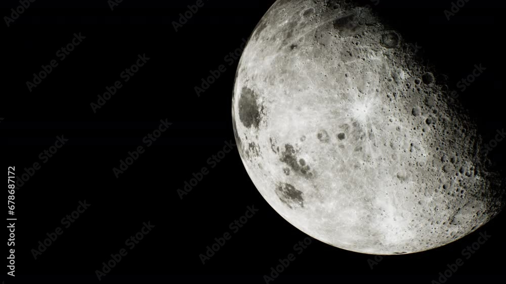 sunlit crescent of the moon visible from a distance in space Stock ビデオ ...