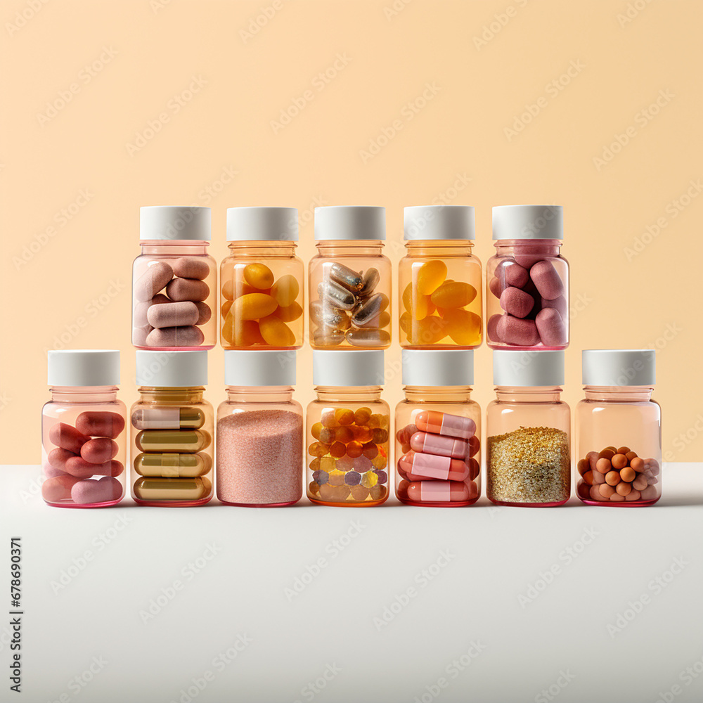 clean, modern visuals of supplements and vitamins, pill form, powder ...