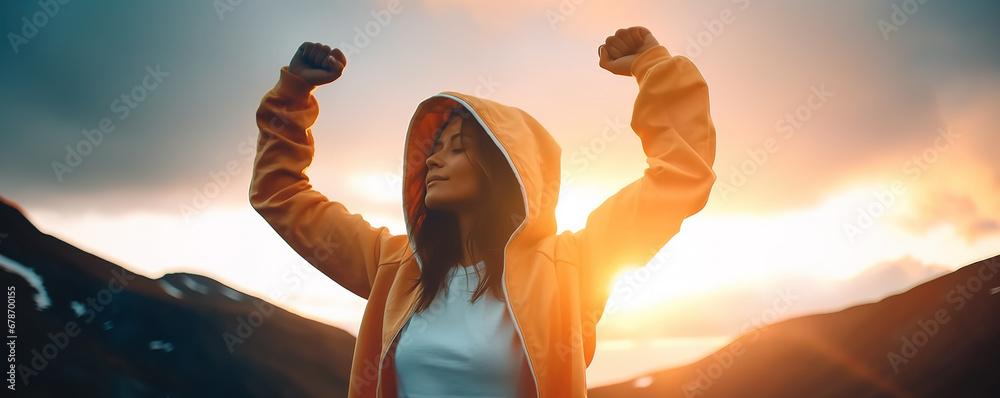 Portrait of determinated woman rising her arms up in the air in sign of ...