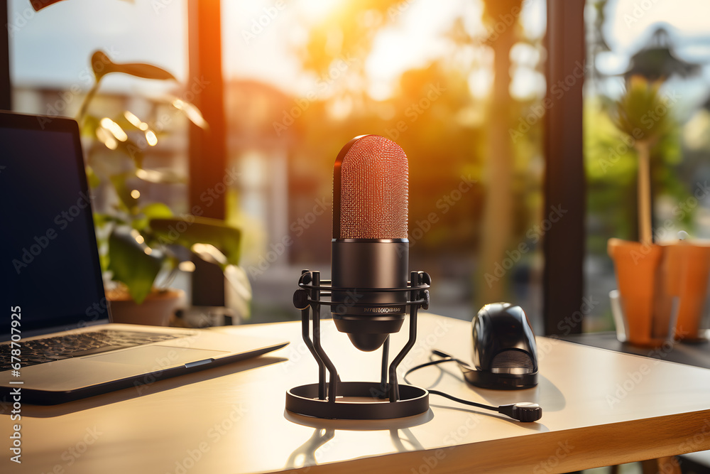 Microphone put on table next to laptop on daylight prepared for ...