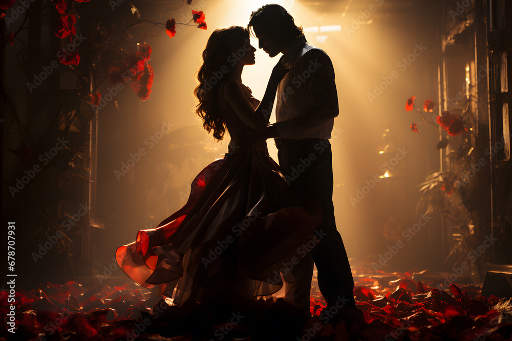 Silhouette of couple dancing under the falling rose ai generated art ...