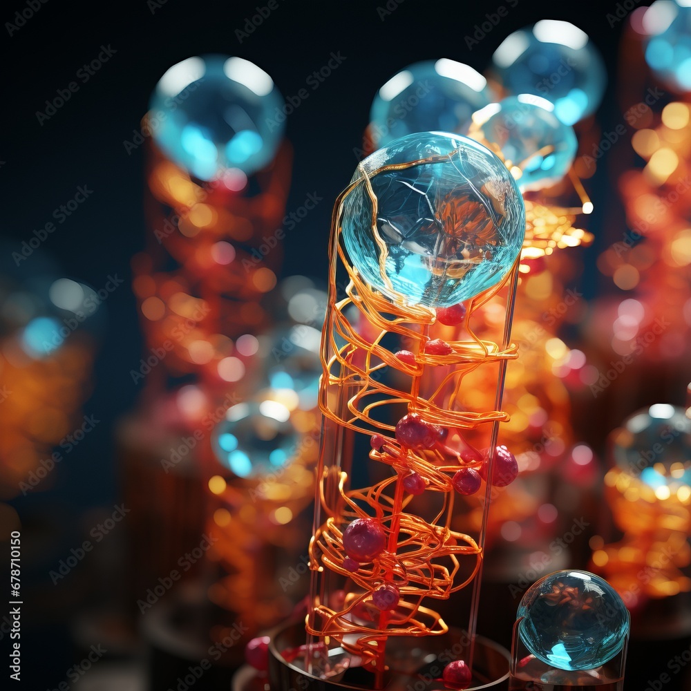 3D visualization of cellular structures and blue vesicles. Nerve cells ...