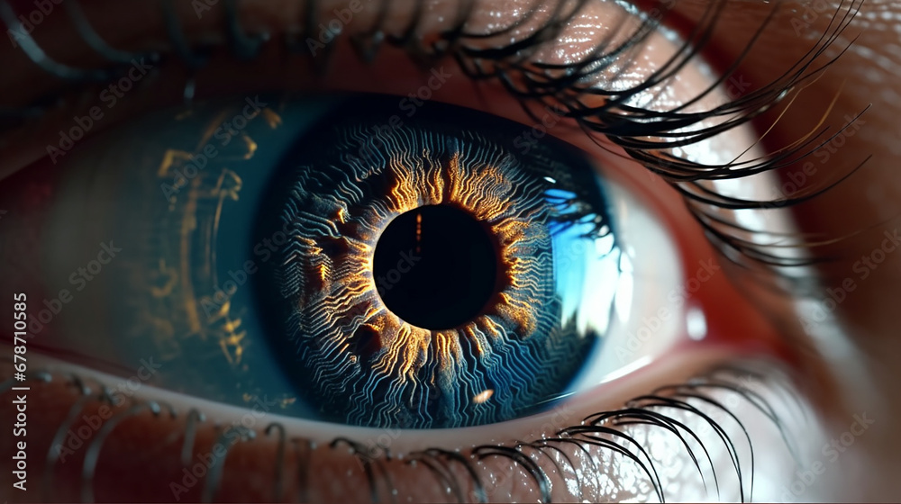 a human eye, with a reflection of a complex data visualization in the ...