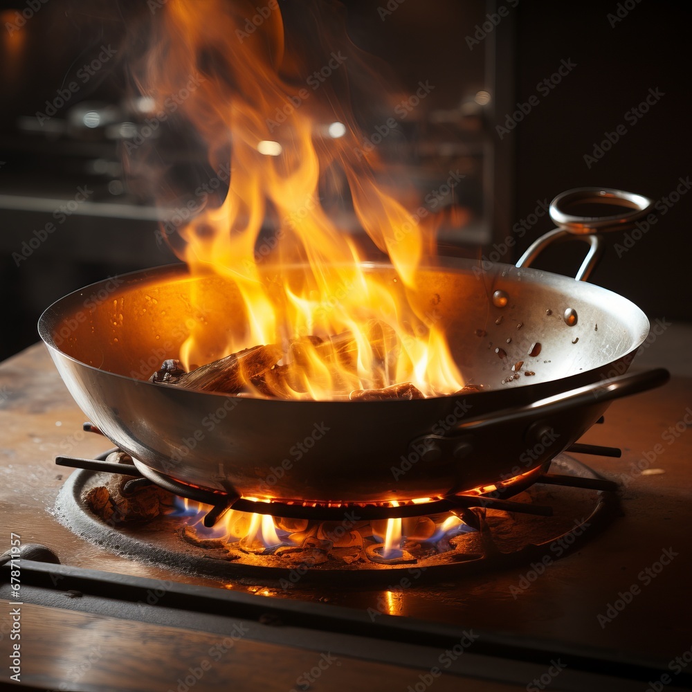 steel frying pan on a gas stove burns with food with an open flame. The ...