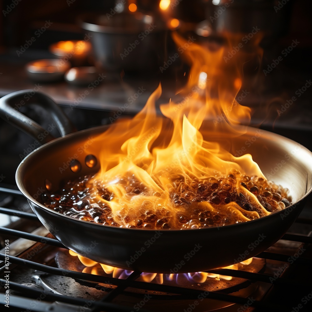 steel frying pan on a gas stove burns with food with an open flame. The ...