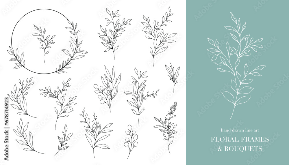 Greenery Line Art. Floral Frames and Bouquets Line Art. Fine Line ...