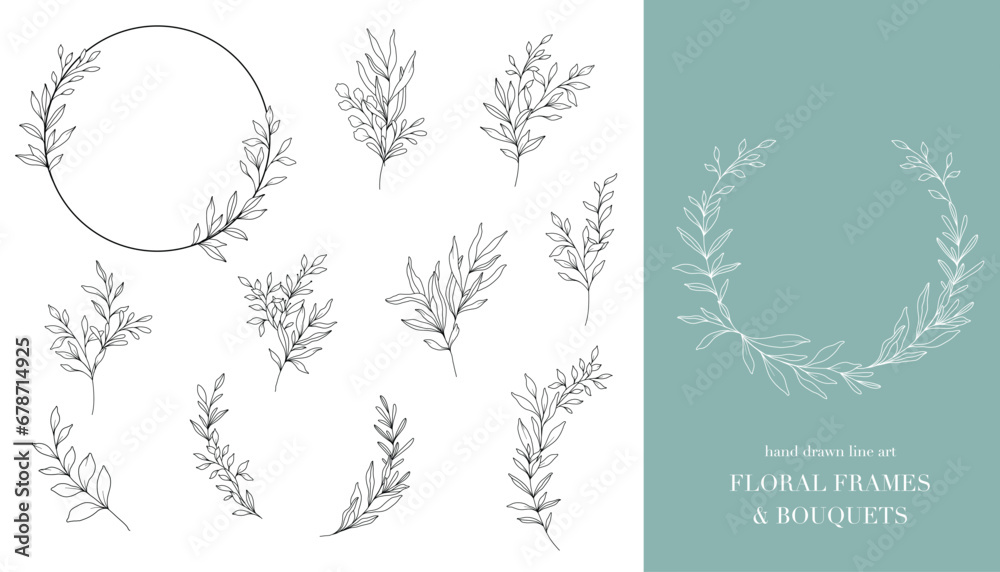 Greenery Line Art. Floral Frames and Bouquets Line Art. Fine Line ...