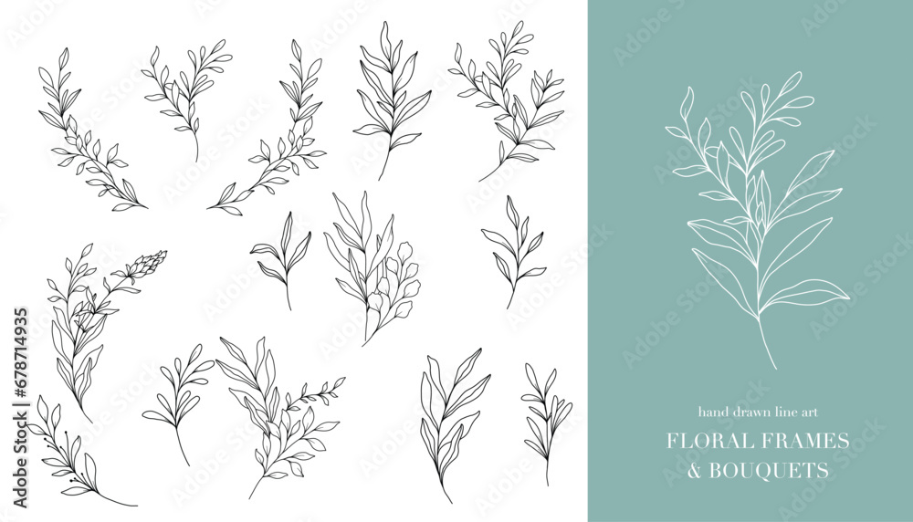 Greenery Line Art. Floral Frames and Bouquets Line Art. Fine Line ...