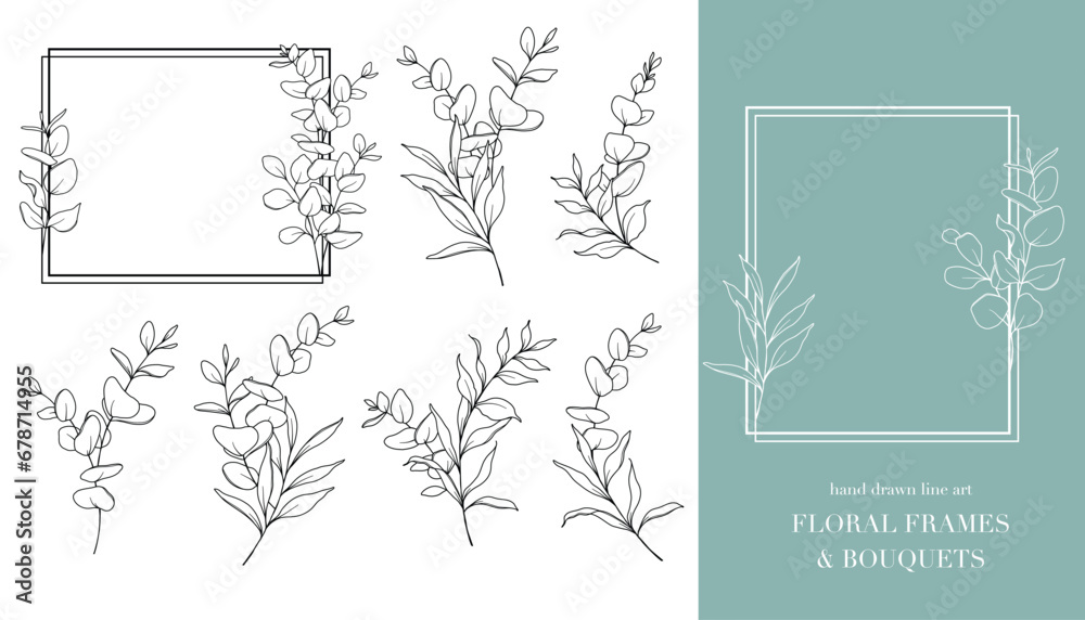 Eucalyptus Line Art. Floral Frames and Bouquets Line Art. Fine Line ...