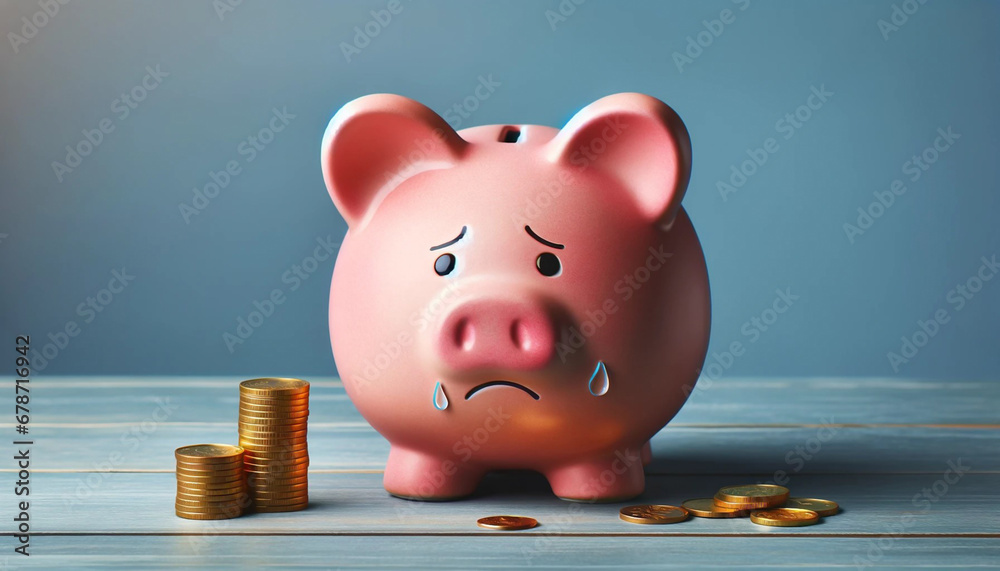 sad piggy bank with a coin Stock Illustration | Adobe Stock