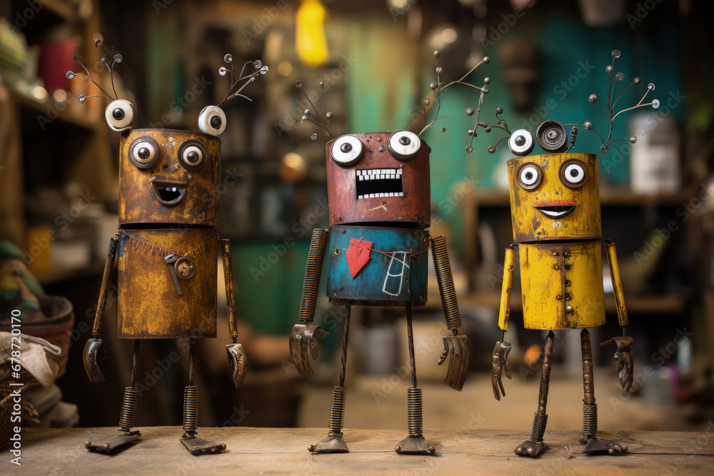 Upcycled sculptures from recycled materials workshop background with ...