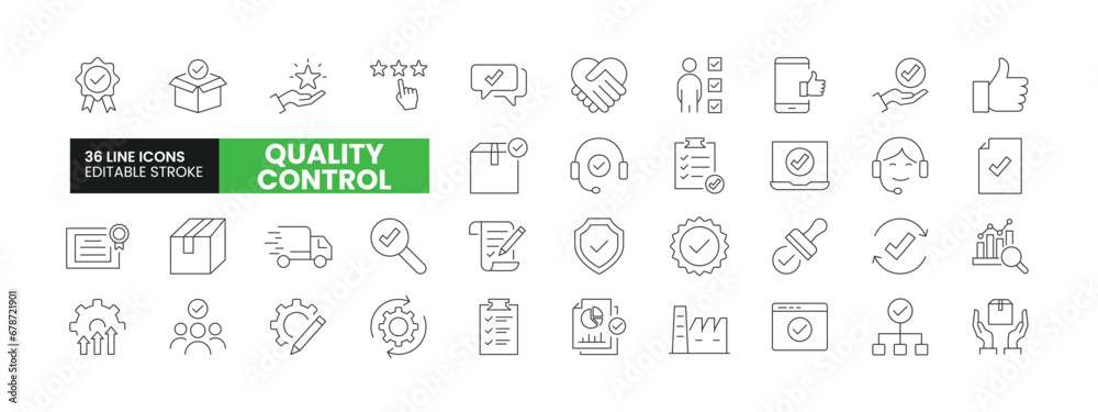 Set of 36 Quality Control line icons set. Quality Control outline icons ...