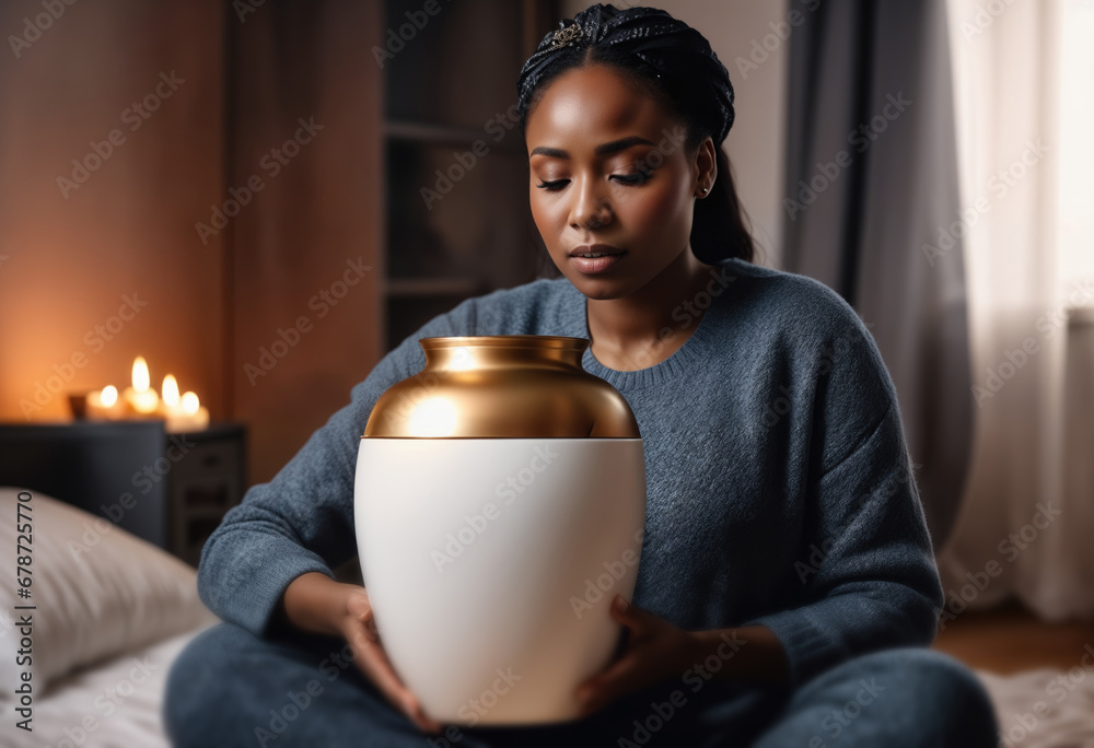 african woman at home sadly looking at urn with ashes Stock ...