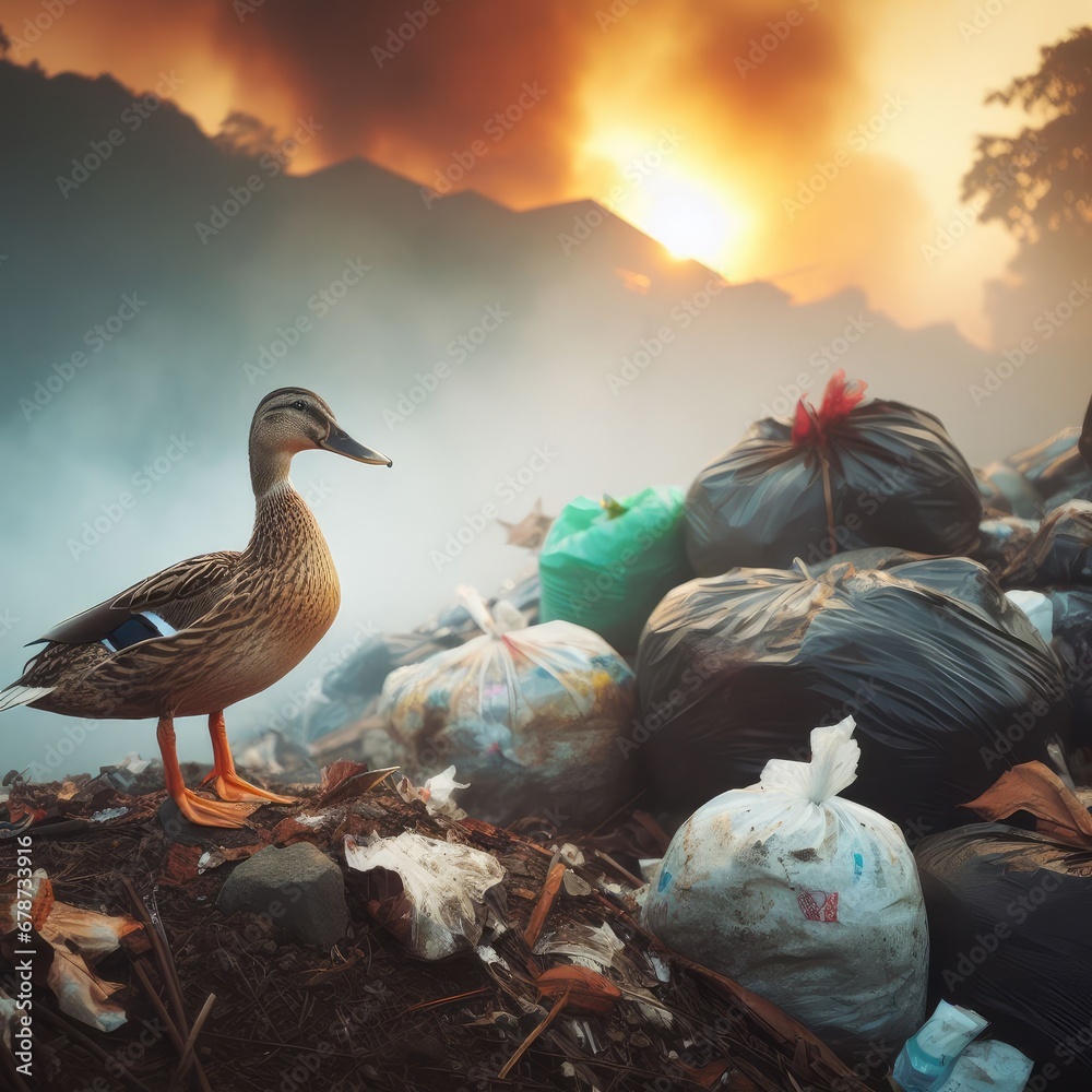 animals duck among garbage.Save animals environmental problems ...