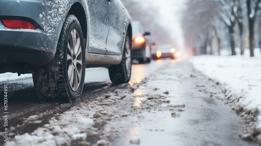 The car driving on icy road in urban street. Dangerous weather ...