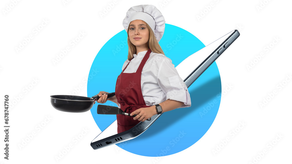 Woman chef. Culinary specialist on phone. Cook with frying pan and ...