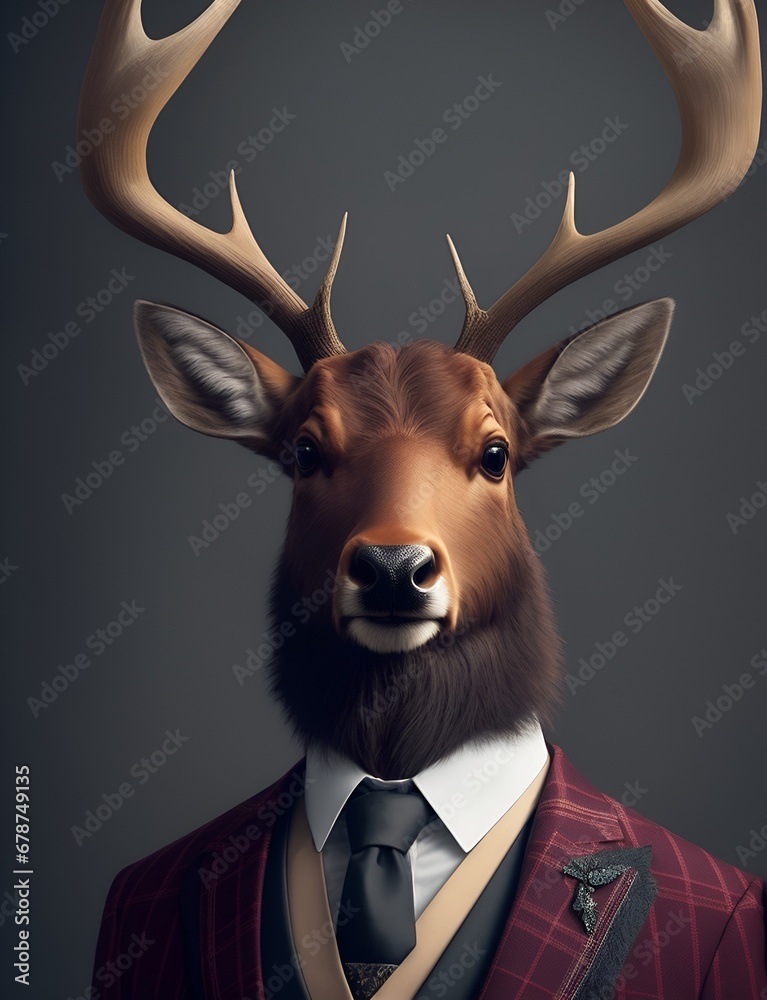 Elk is dressed elegantly in a suit with a lovely tie. An ...
