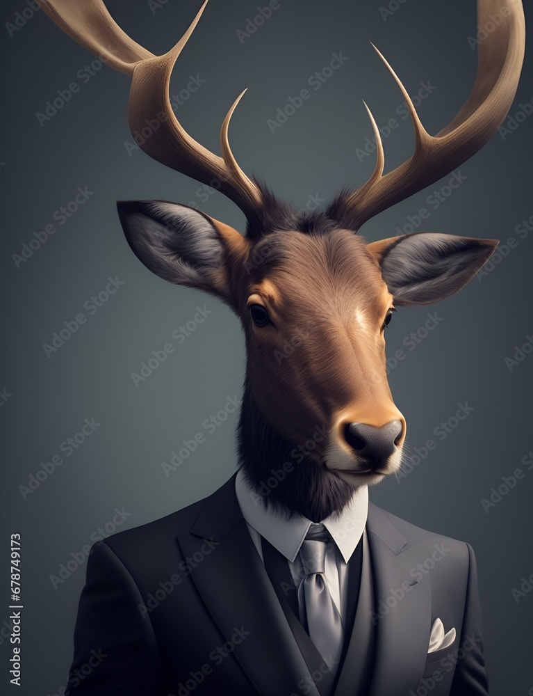 Elk is dressed elegantly in a suit with a lovely tie. An ...