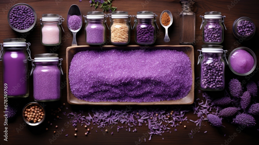 a wooden table topped with lots of jars filled with different types of ...