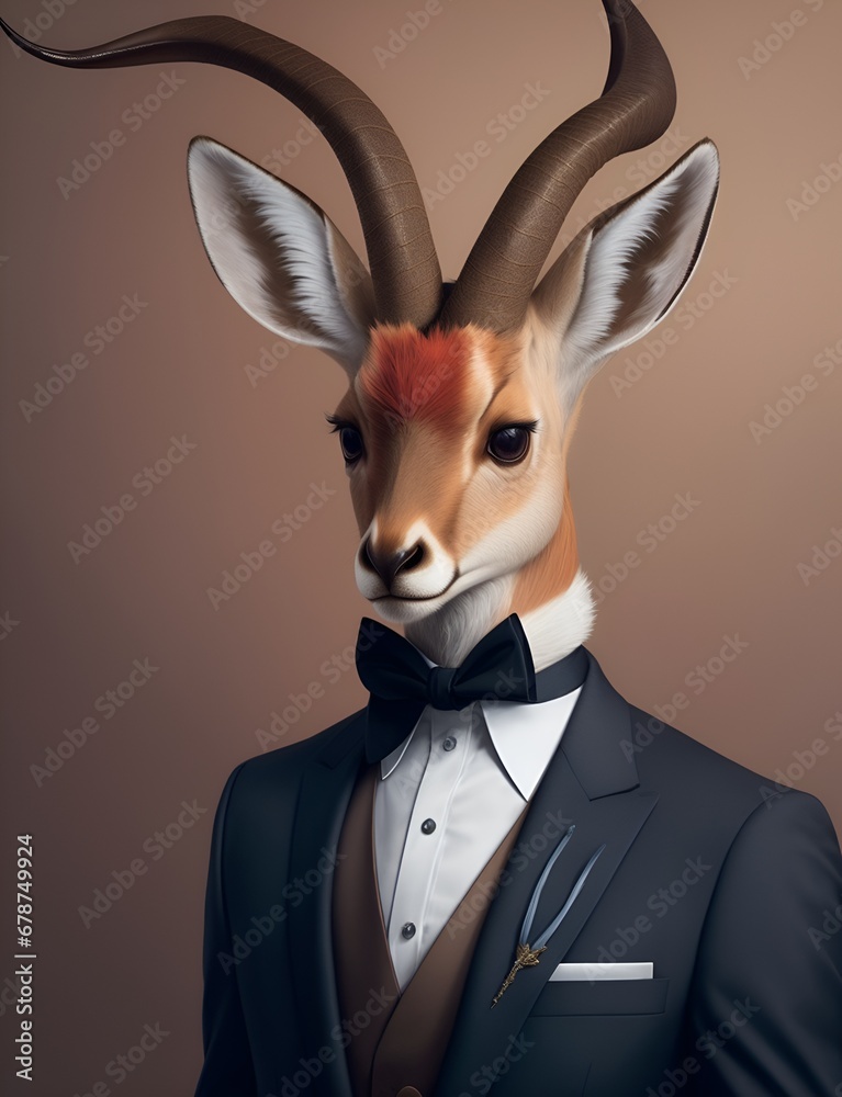 Antelope is dressed elegantly in a suit with a lovely tie. An ...