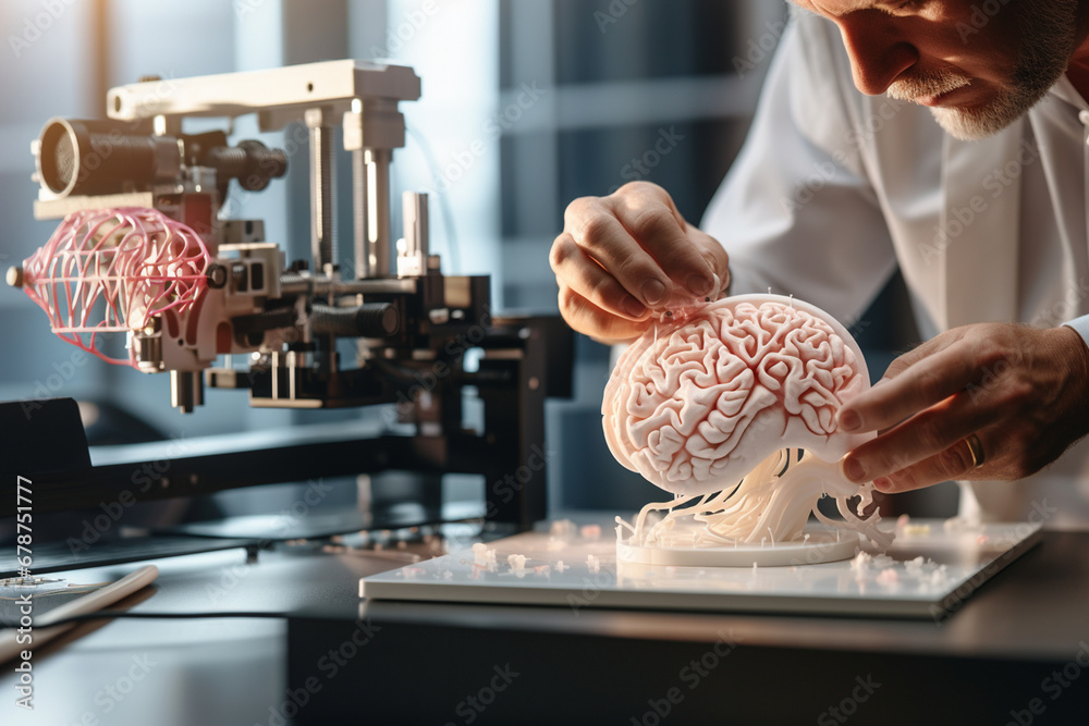 3D printing in progress. White 3d printer printed a human brain. A man ...