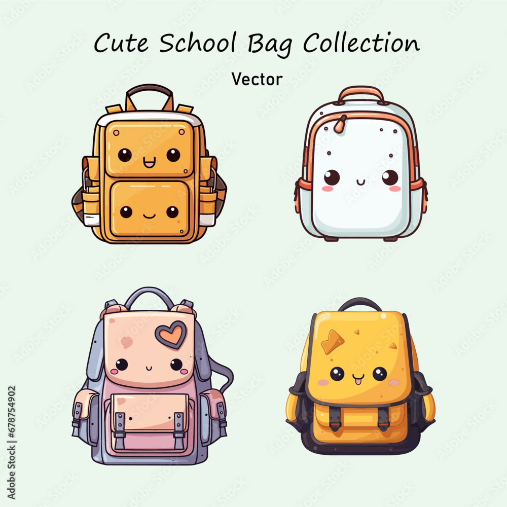 Vector set of cute and kawaii school backpacks in pastel and yellow ...