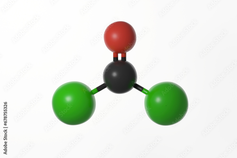 Ball and stick model of phosgene molecule with double bonds shown ...