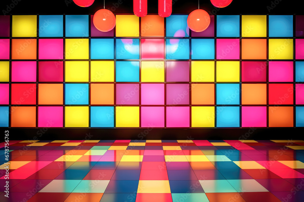 Fluorescent colorful disco room with light beams. Background image ...